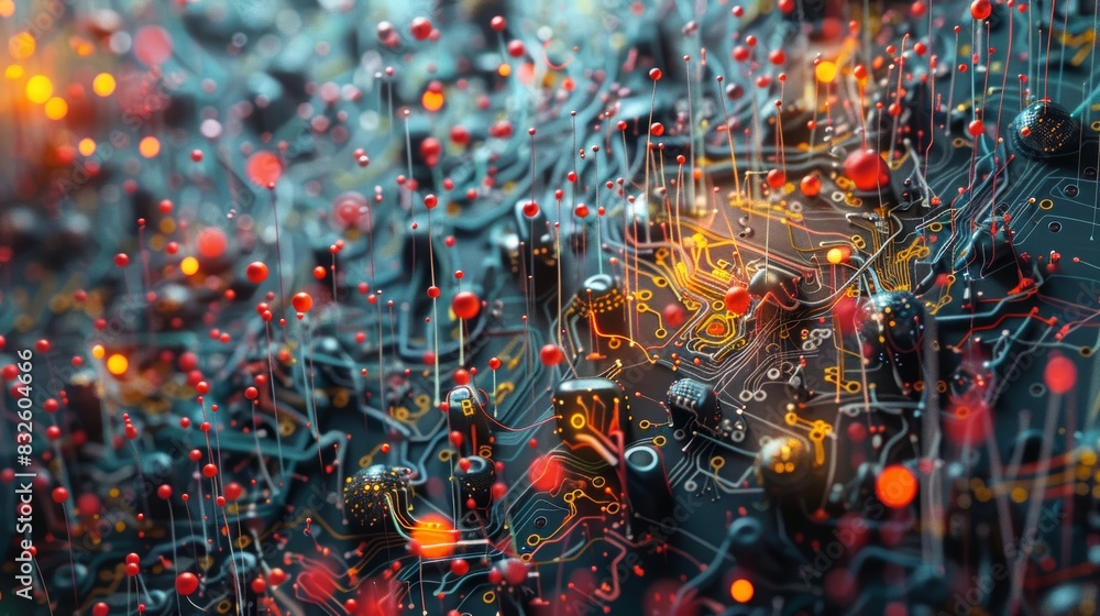 A high-resolution image of a complex network of interconnected wires ...