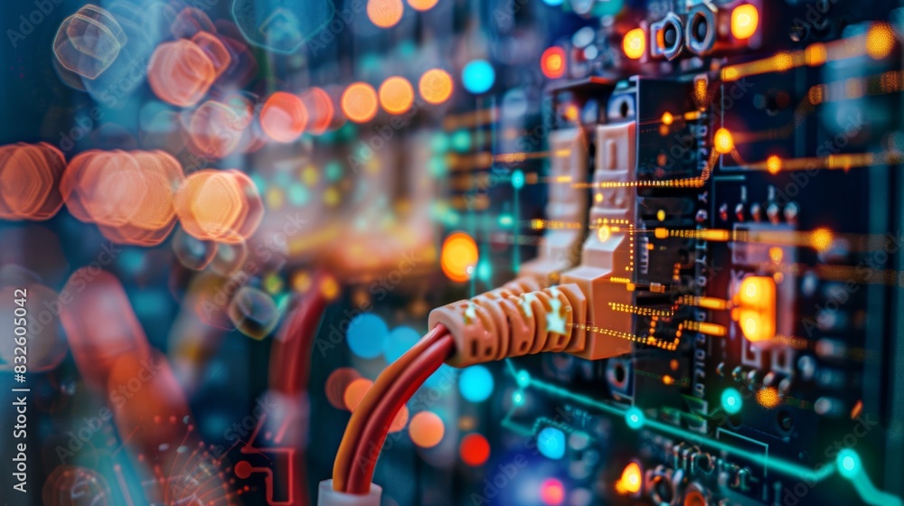 A macro photograph of electrical wires connected to a terminal block ...