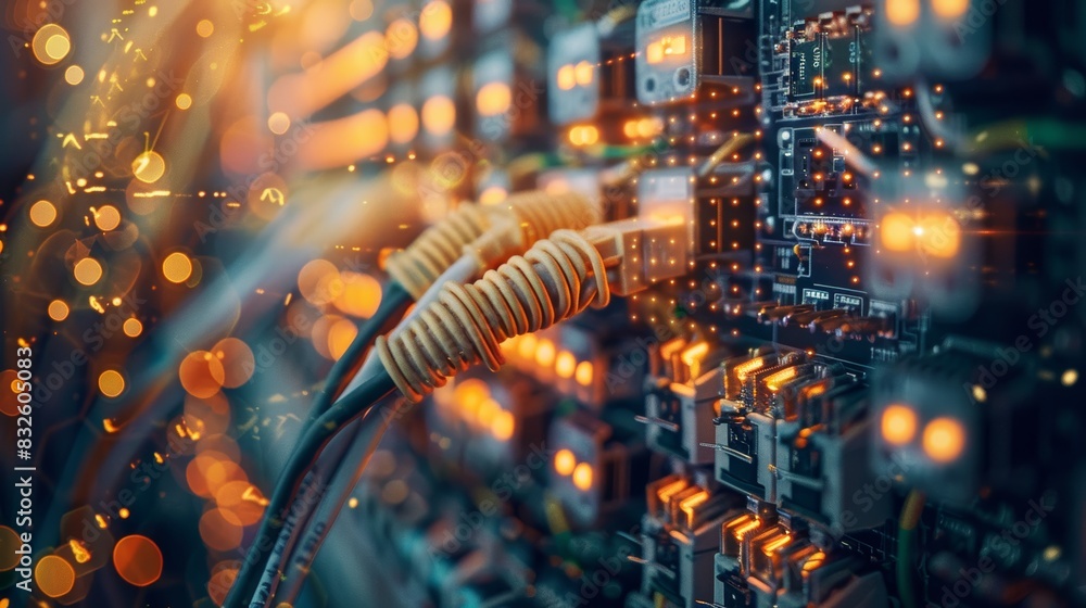 A macro photograph of electrical wires connected to a terminal block ...