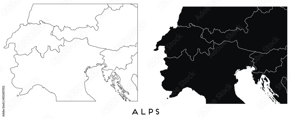 Alps map of city regions districts vector black on white and outline ...
