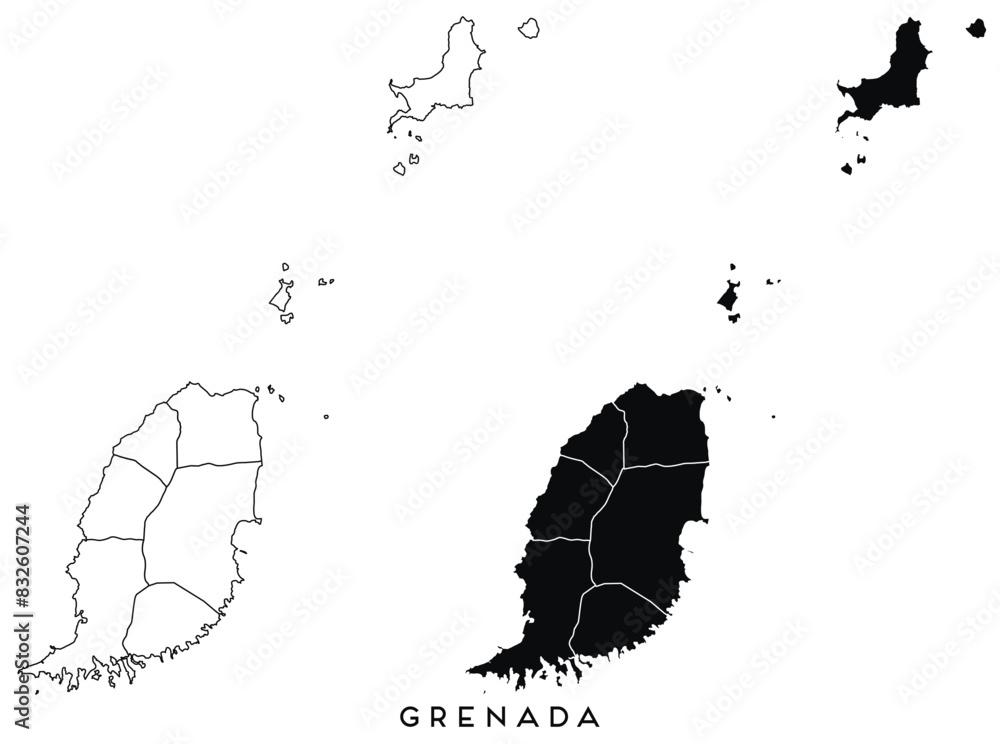 Grenada map of city regions districts vector black on white and outline ...
