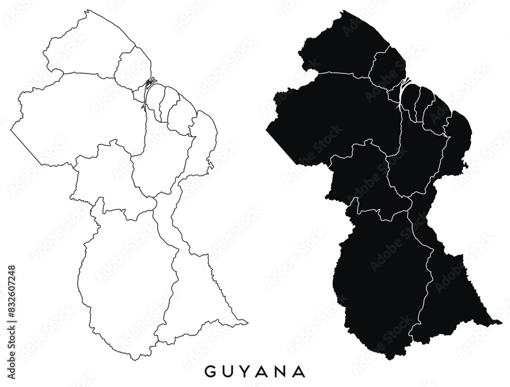 Guyana map of city regions districts vector black on white and outline ...