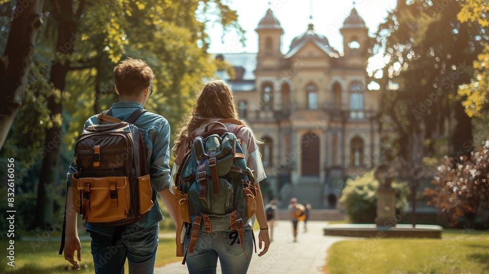 Students with backpacks walking towards a historic university building ...