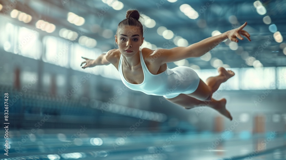 Gymnast in action, white leotard, split leap on the balance beam in an ...