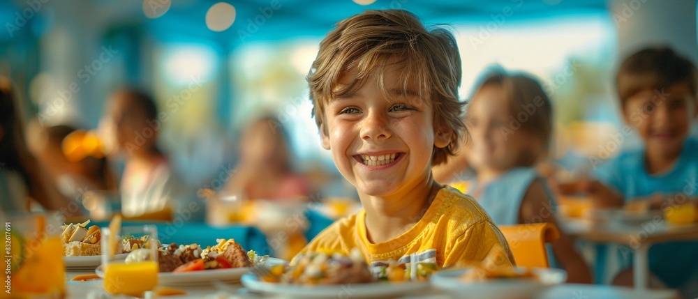 Group of happy kids at lunch, sharing food and laughter, bright and ...