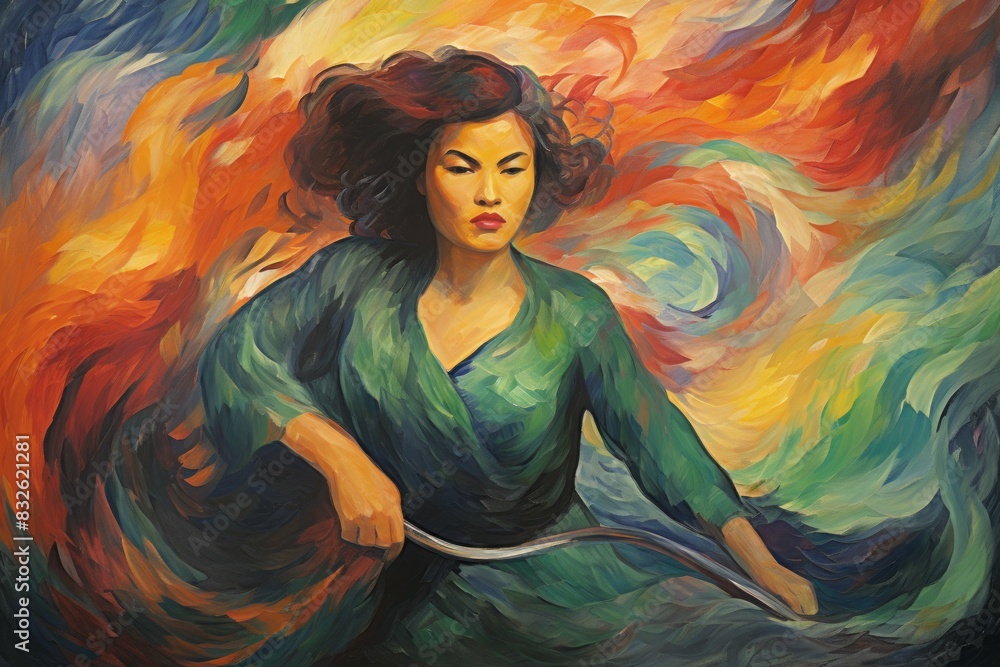 A fierce and fearless warrior woman, wielding a double-bladed axe and ...