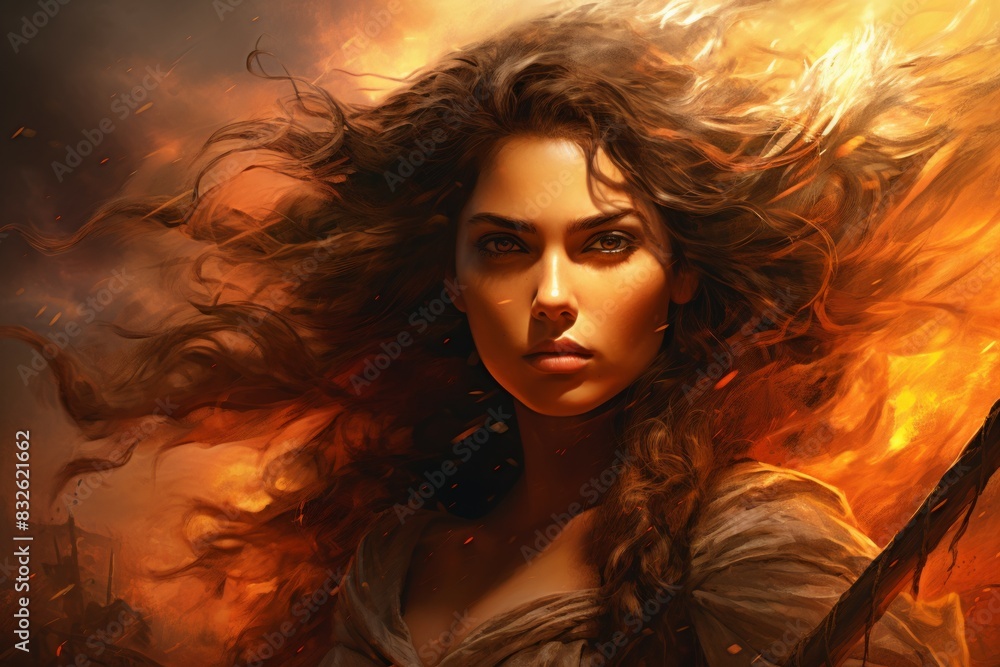 A fierce and fearless warrior woman, wielding a double-bladed axe and ...