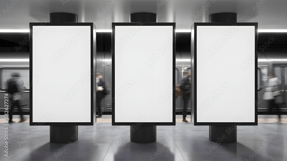 Set of 3 blank sign board stands in an underground subway metro station ...