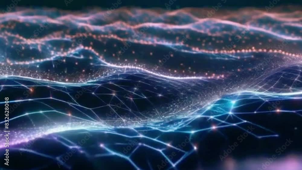 A grid of interconnected particles pulsing with waveforms, illustrating data transmission across ...