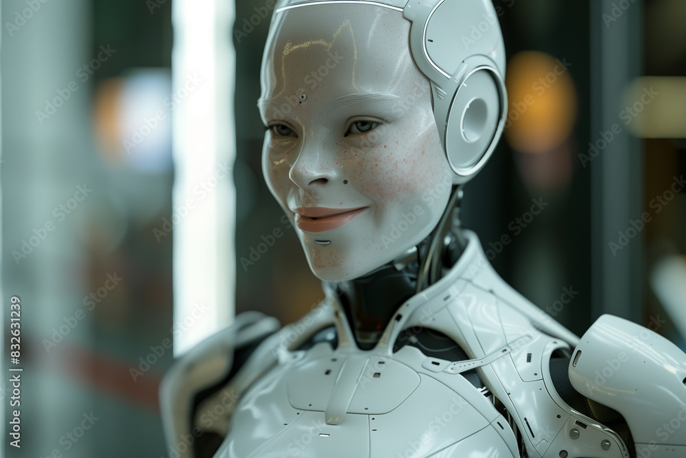 humanoid android with a refined, artistic build and a gentle smile ...