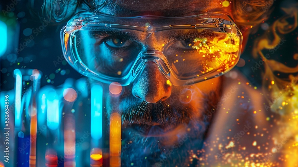 Man scientist with goggles, vibrant splashes and lab vials, innovative ...