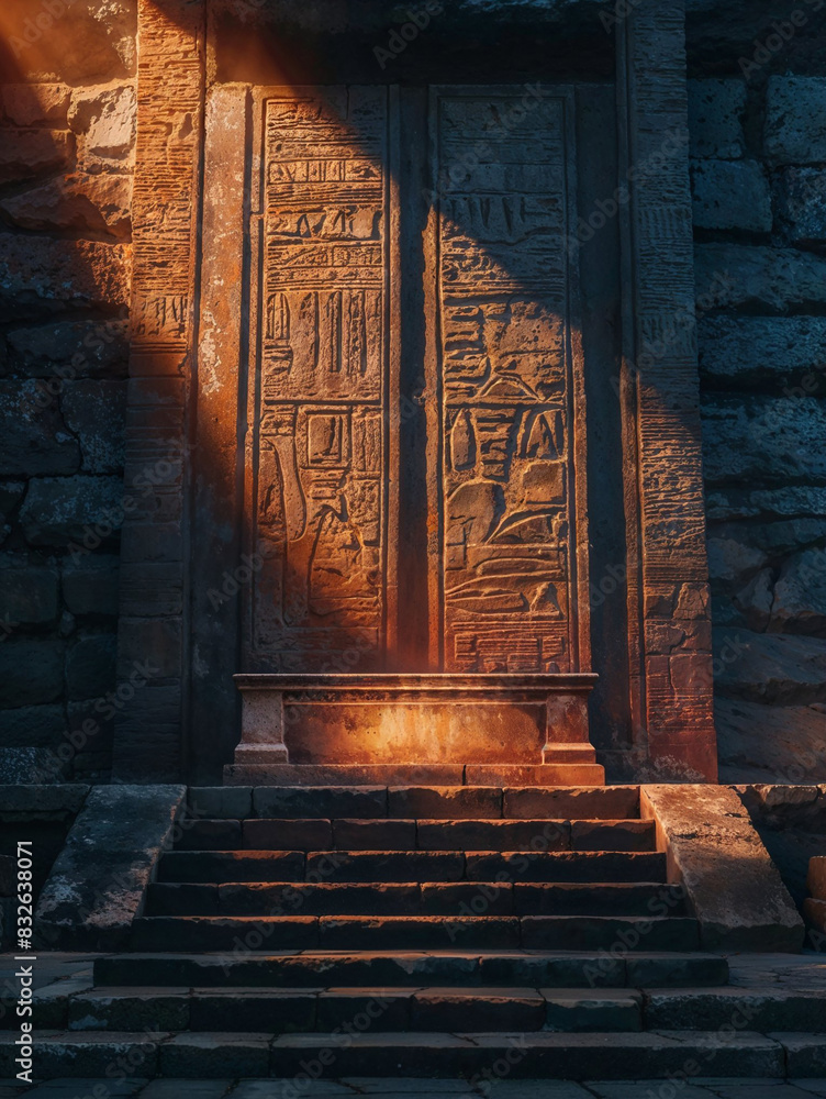 Ancient Altar and Stairway in Temple Ruins: Hieroglyphs, Cuneiform, and ...