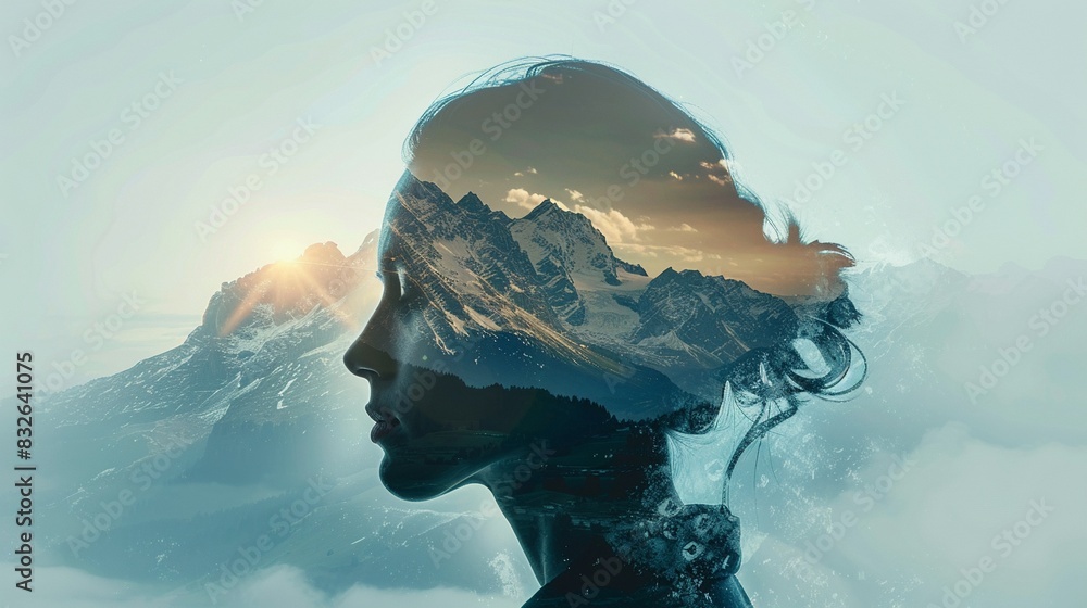 Woman with double exposure, mountains in the background, distressed and ...