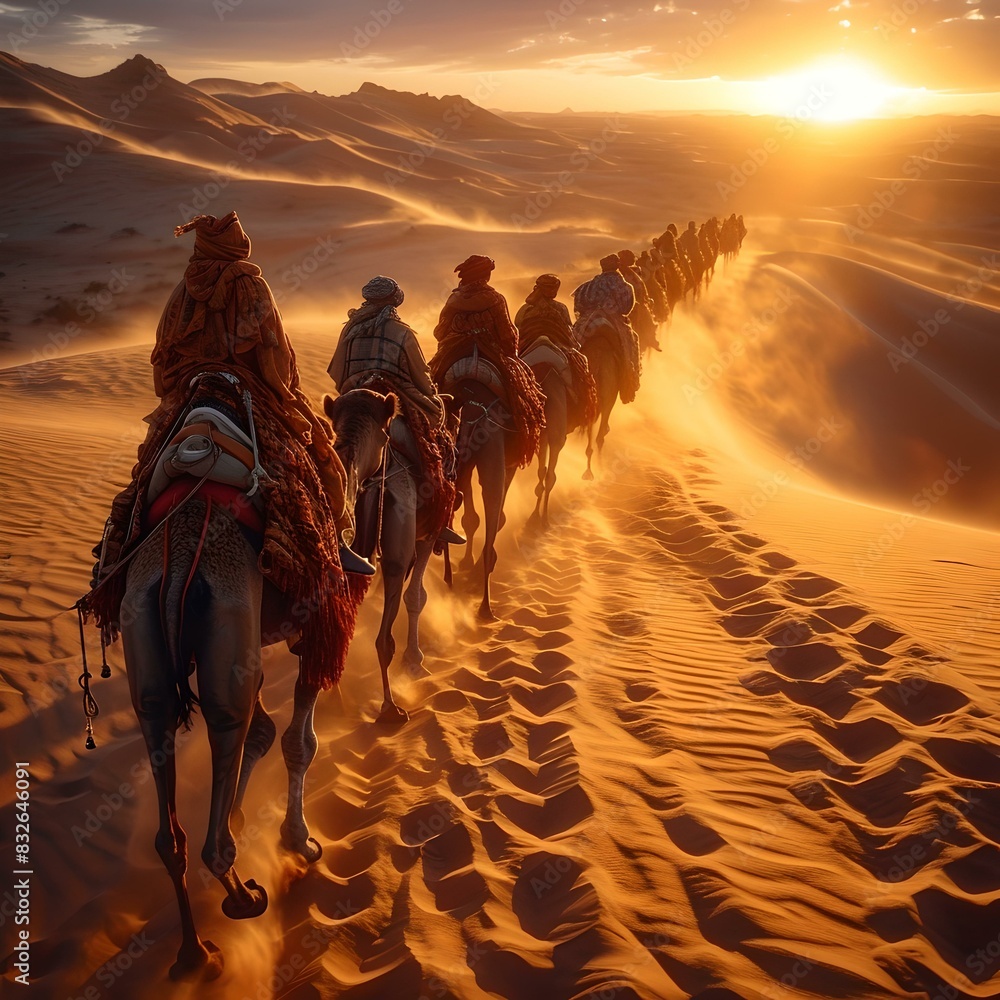 Sunset caravan trekking through endless sand dunes. camel ride adventure. travel concept. warm ...