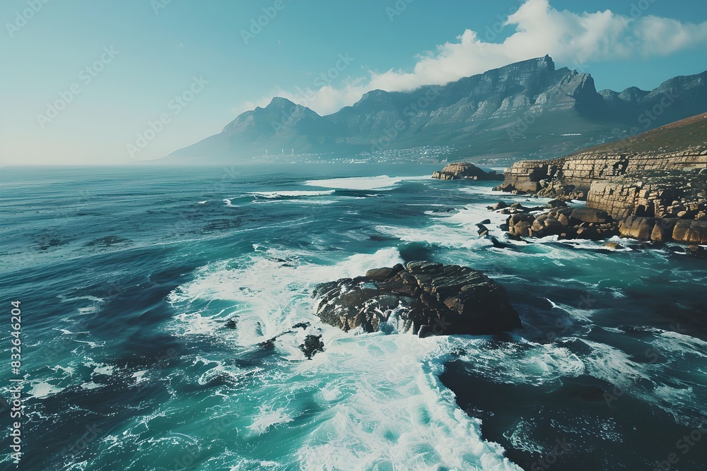 Coastal Landscape with Raging Sea and Rugged Mountains. A Serene ...