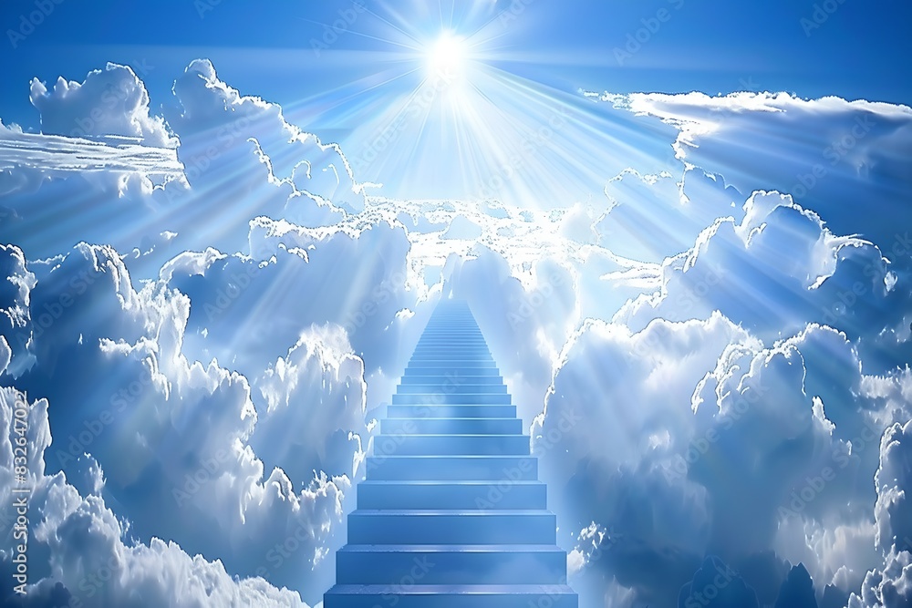 Heavenly staircase leading through bright clouds to a radiant light in ...