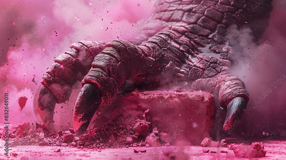 A photorealistic image of a dinosaur's massive foot crushing a deep ...