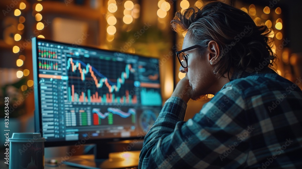 Trader examining real-time forex charts on a desktop monitor. Stock ...