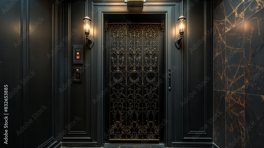 Gothic-style elevator door, dark and mysterious, wrought iron details ...