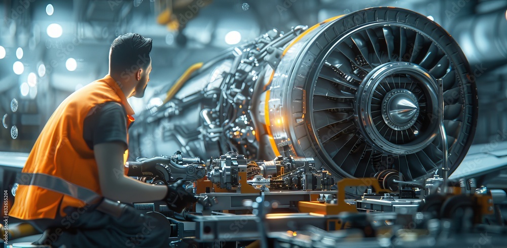 Aircraft mechanic working on a turbine, surrounded by intricate engine ...