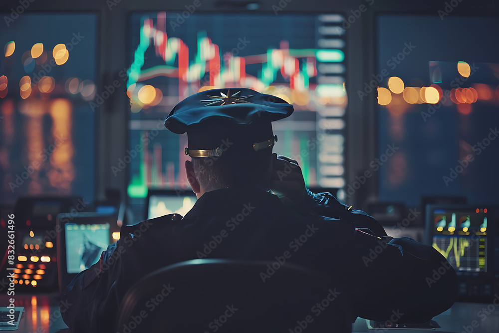 Captain monitoring ship navigation at night, control room, maritime ...