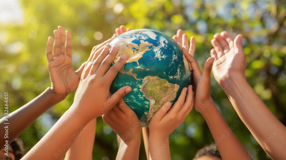 Hands of diverse people encircle a globe, global unity, global peace ...