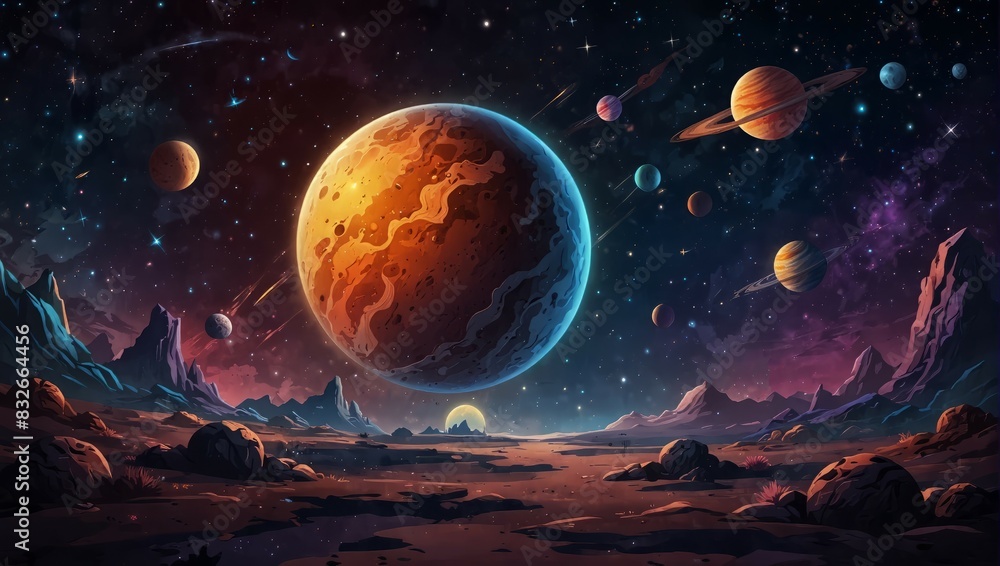 Game scene background, Cosmos cartoon background, planets, stars and ...