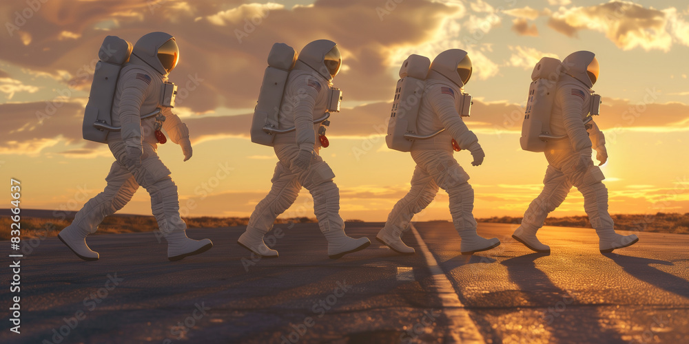 The astronauts walk in a single file along a road that stretches ...