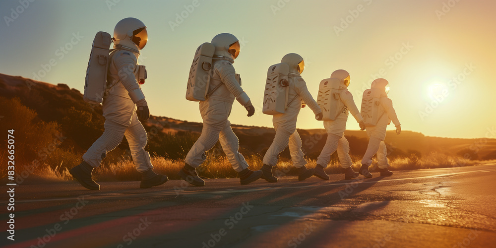 The astronauts walk in a single file along a road that stretches ...
