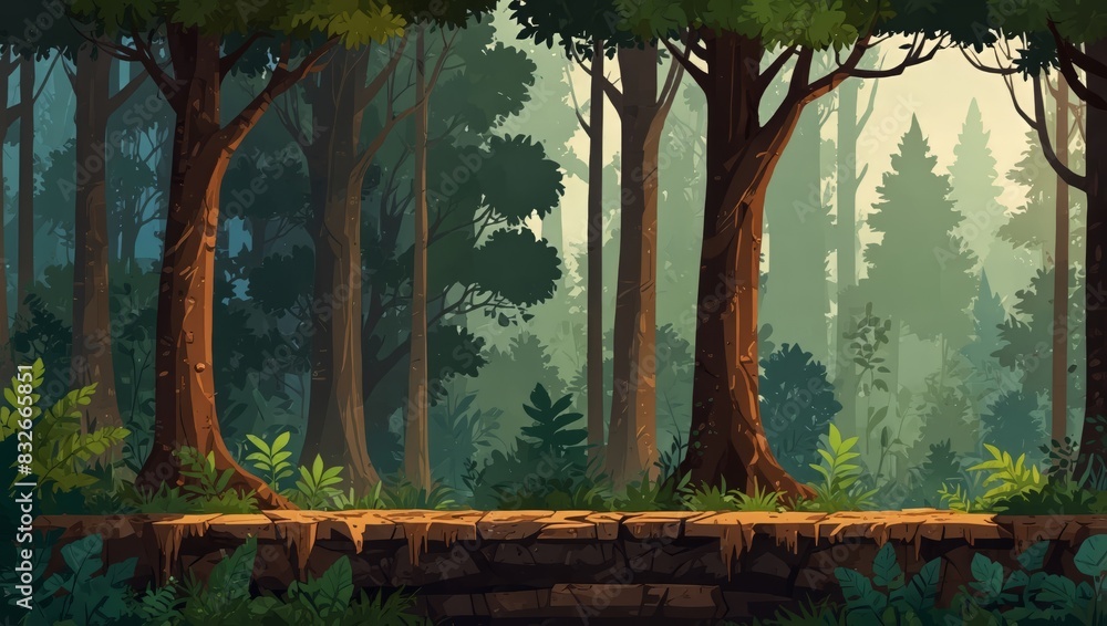 Forest platformer background with leafy trees and clear sky for games ...