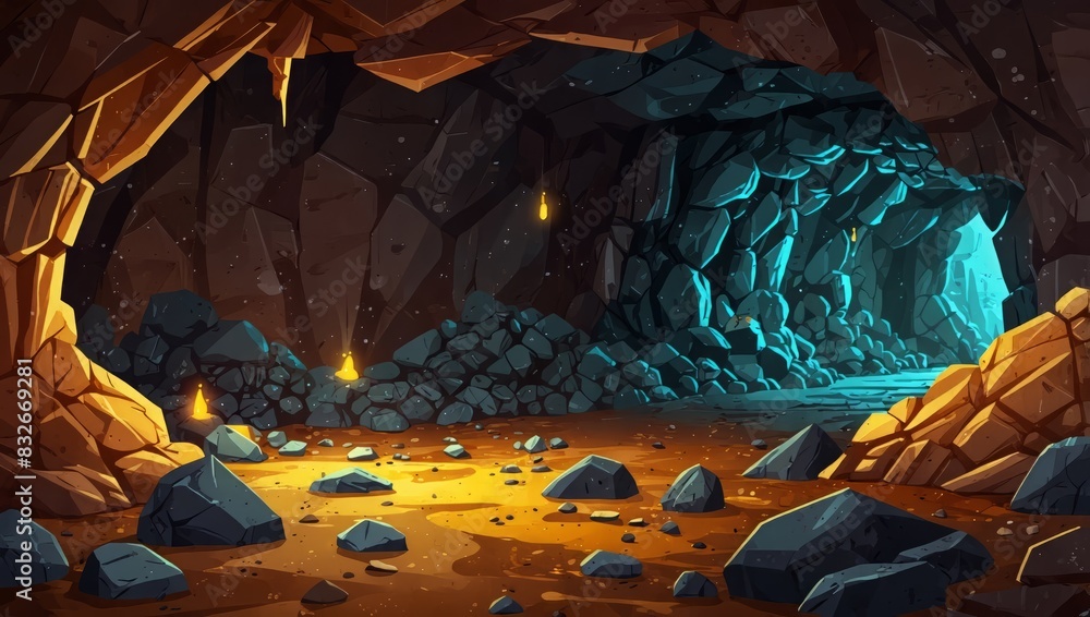 Copper ore mine tunnel inside view, cave entrance with shiny yellow ...