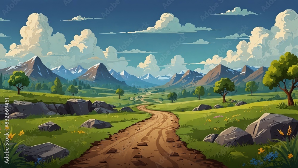 Cartoon valley nature landscape, summer scenery view, rural background ...