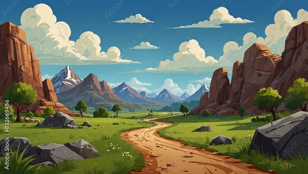 Cartoon valley nature landscape, summer scenery view, rural background ...