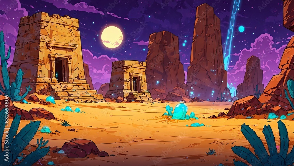 Cartoon mystic desert with ancient ruins and glowing orbs for fantasy ...