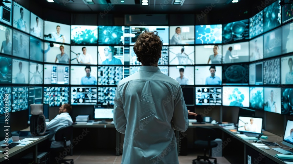 Professional monitoring multiple screens in a high-tech control room ...