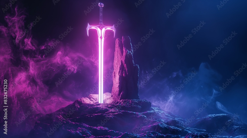 Hero's sword in the stone excalibur, with light and electrical effect ...