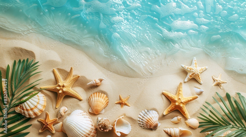 The photo shows a beach with starfish, seashells, and palm leaves ...
