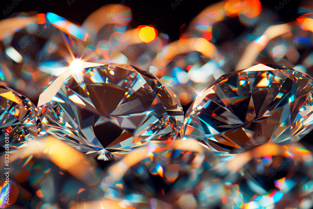 Several sparkling diamonds are shown in close-up, a single light source ...