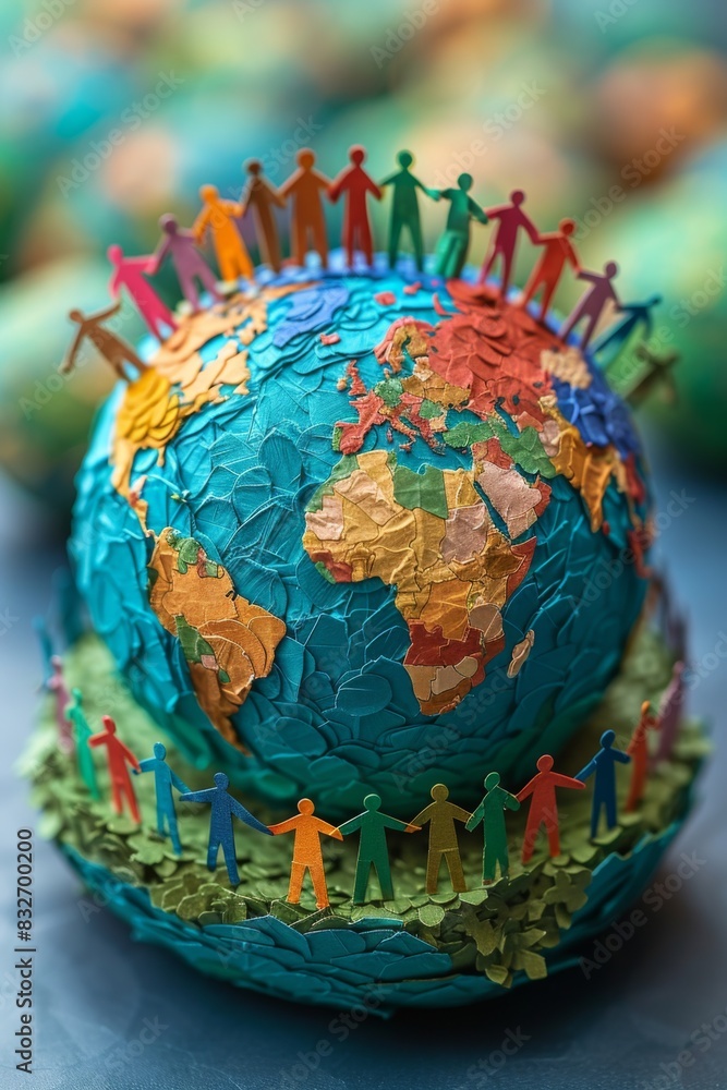 World Population Day. A group of people stands on the globe. Multi ...