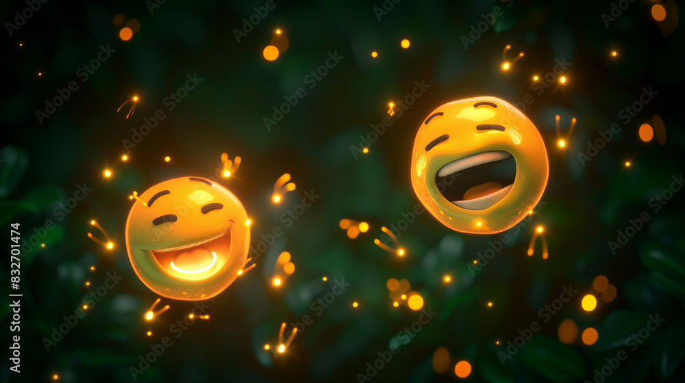 A 3D depiction of a laughing emoji and a sad emoji as glowing fireflies ...