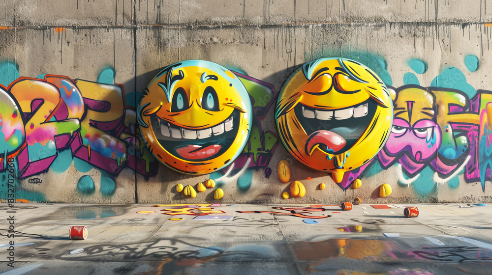 A 3D of a laughing emoji and a sad emoji as vibrant graffiti on a solid ...