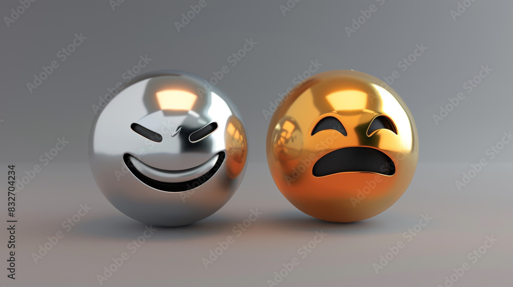 A photorealistic 3D of a mercury laughing emoji next to a palladium sad ...