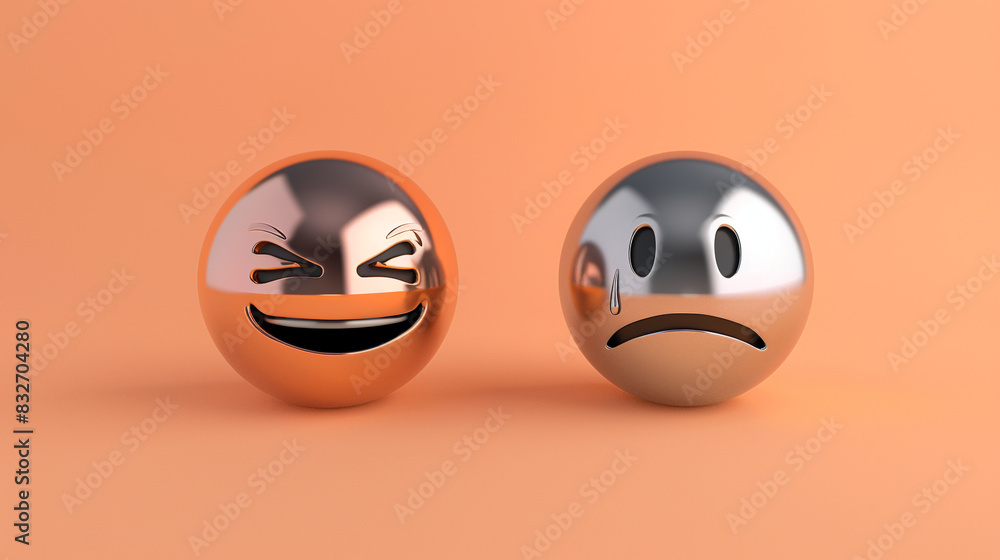 A photorealistic 3D of a titanium laughing emoji next to a pewter sad ...