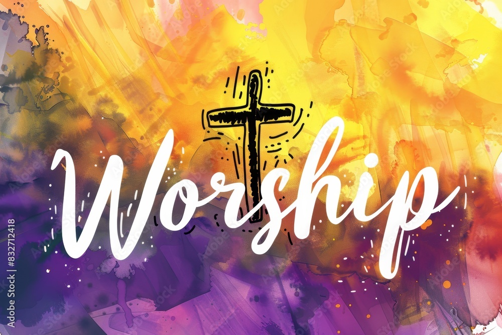 The word "Worship" written in white calligraphy lettering, on top of an ...