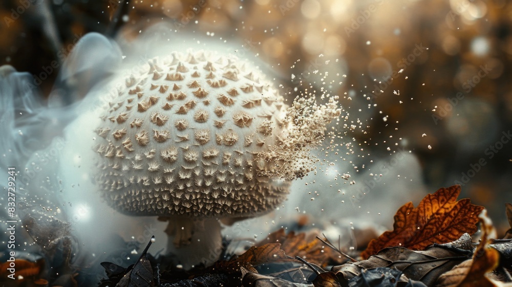 High-resolution image of a puffball mushroom bursting, sending a plume ...