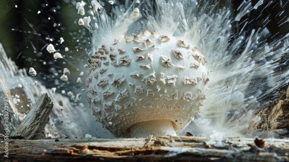 High-resolution image of a puffball mushroom bursting, sending a plume ...