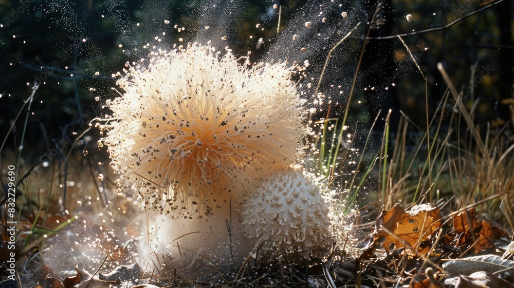 High-resolution image of a puffball mushroom bursting, sending a plume ...