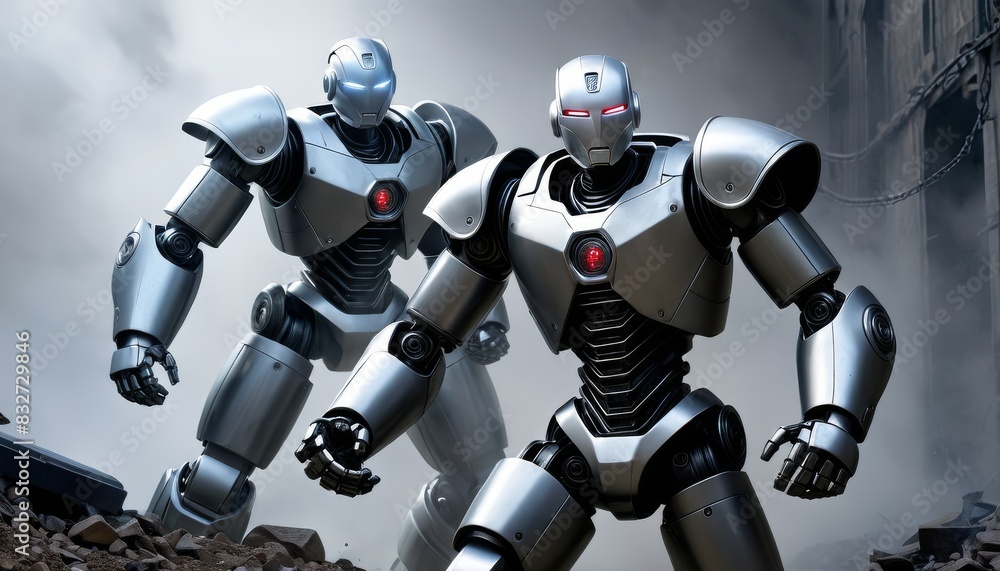 Digital artwork depicting two metallic robots equipped with red lights ...