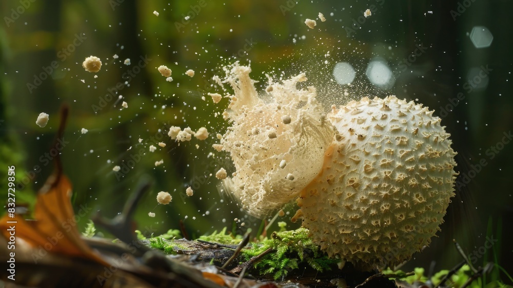 High-resolution image of a puffball mushroom bursting, sending a plume ...