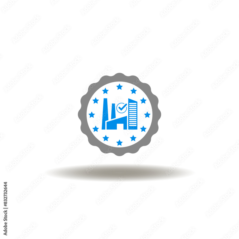 Vector illustration of stamp or seal with factory and check mark. Icon ... Vector illustration of stamp or seal with factory and check mark. Icon ...